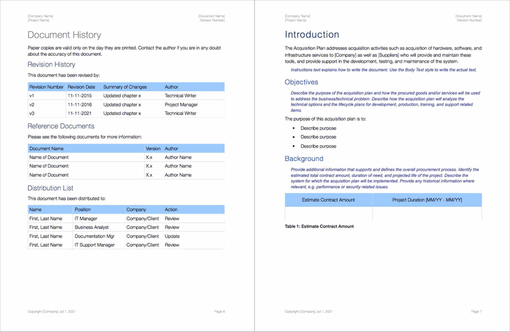 Acquisition Plan template (Apple Pages and Numbers) – Klariti Template Shop